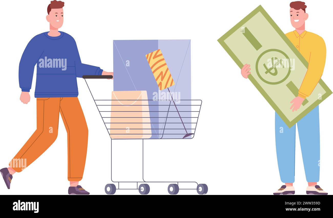 Guys shopping. Man pushing trolley with purchase. Person hold money ...