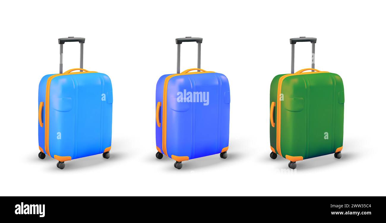 3d holiday suitcases in different color: bright blue, blue and green ...