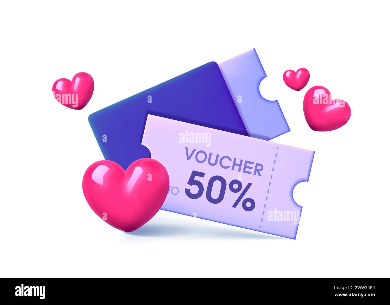 3D coupon, vector gift voucher with flying hearts, special offer promo ...
