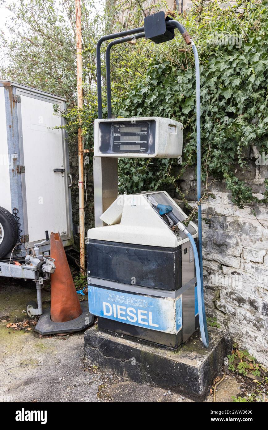 Unused fuel pump at old garage forecourt, Crickhowell, Wales, UK Stock ...
