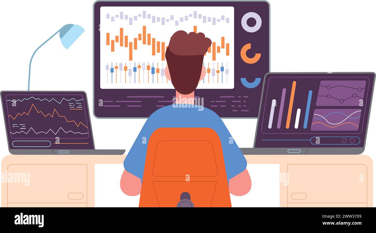 Man Work With Statistics On Computer Screens Data Analyst Isolated On White Background Stock