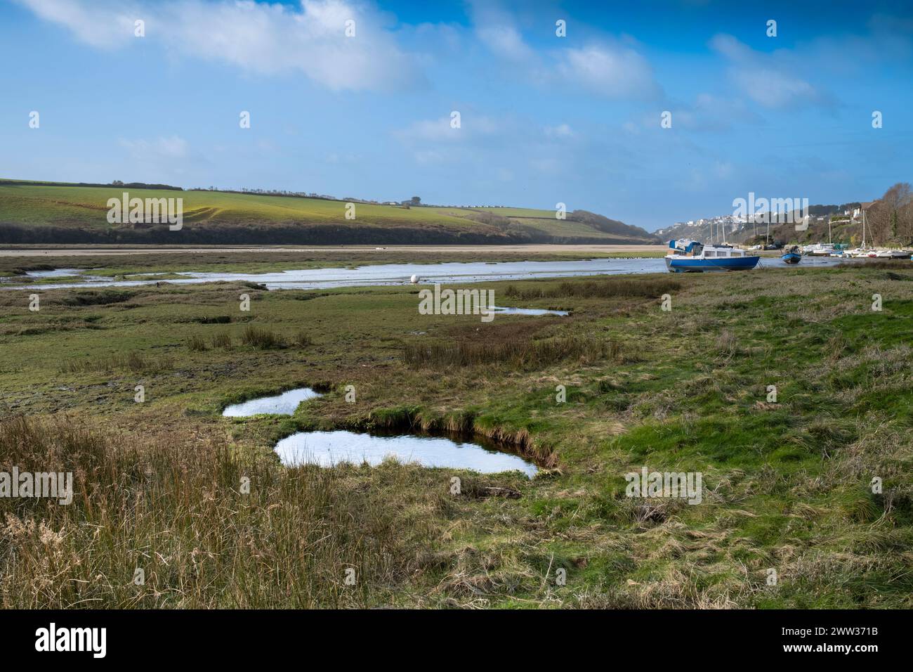 Low tide on the tidal Gannel Estuary in Newquay in Cornwall in the UK ...