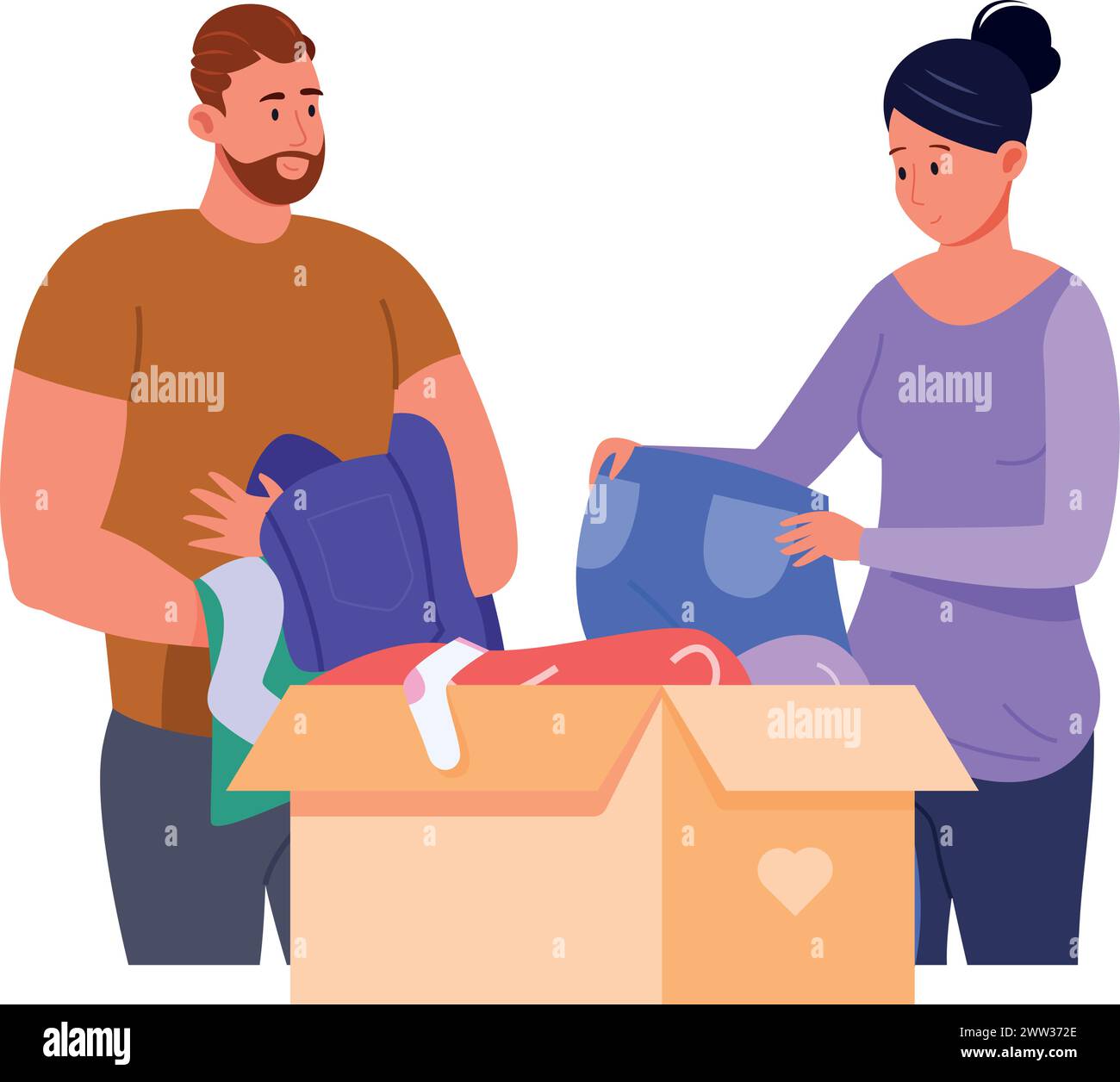 People gathering clothes charity in cardboard box. Donation package ...