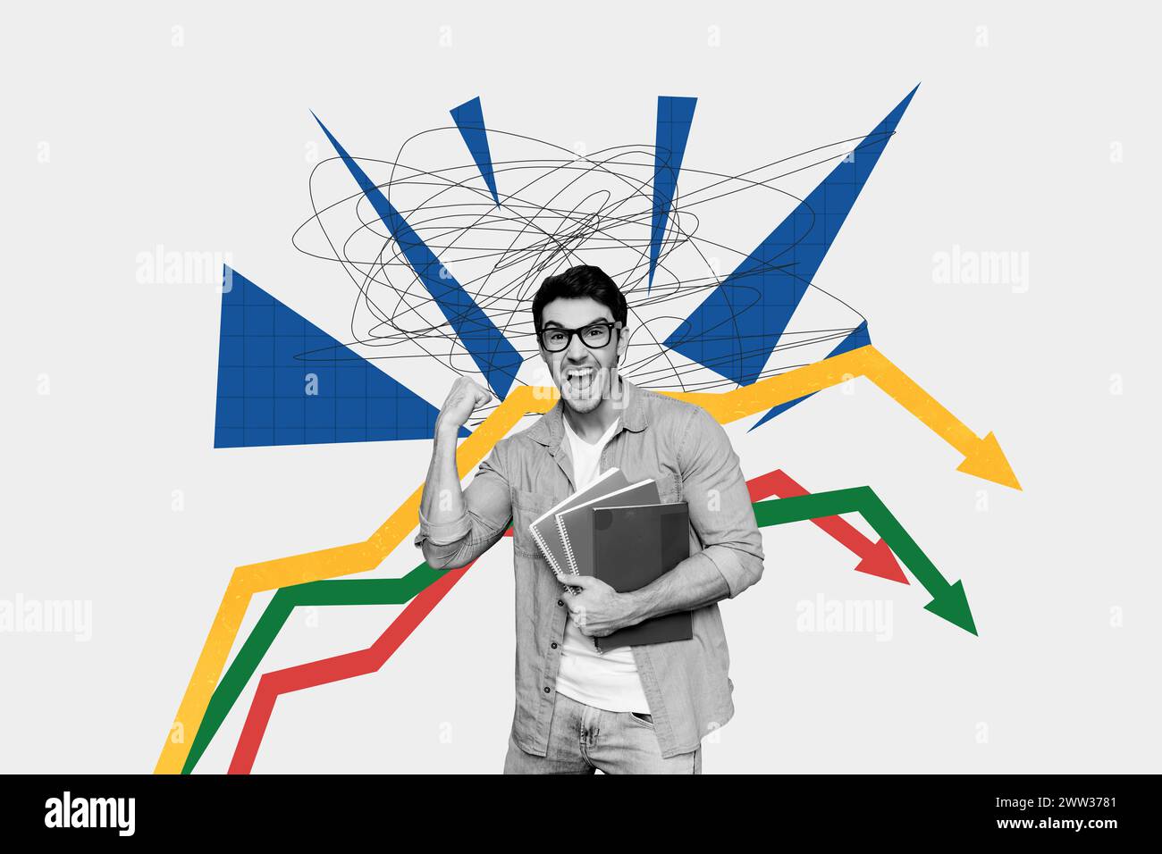 Composite photo collage of angry businessman hold notepad scream arrow ...