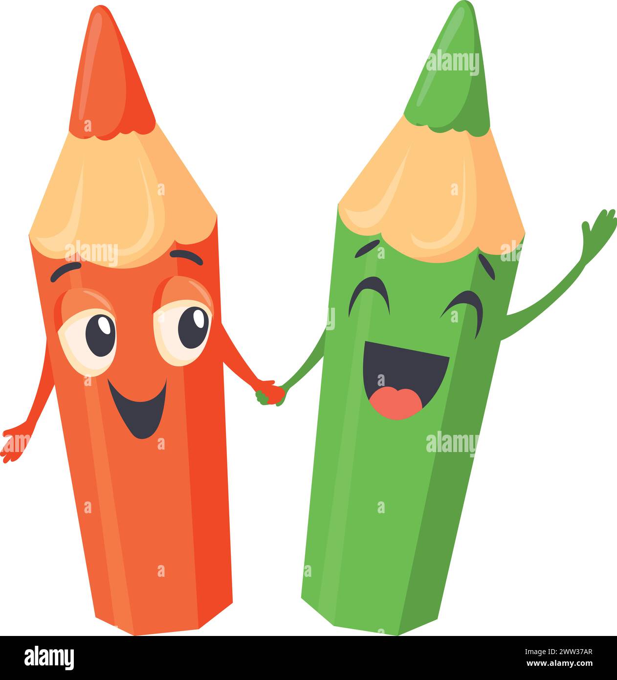 Happy pencils colorful mascots. Cartoon school supplies isolated on ...