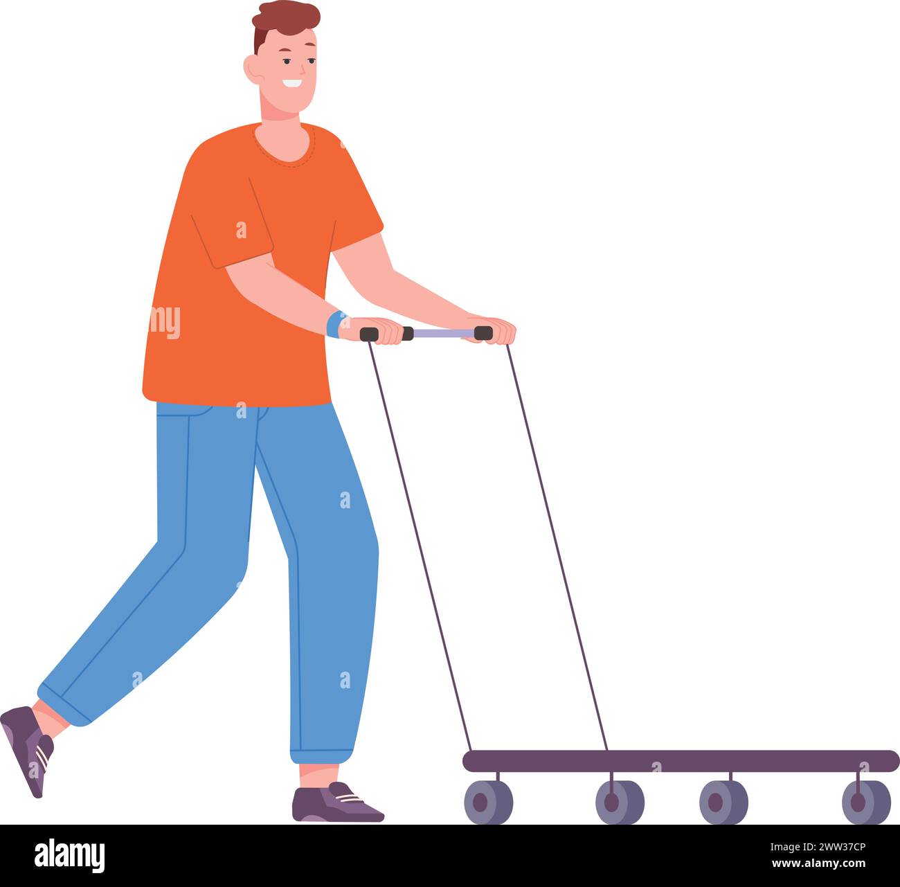 Man pushing cargo cart. Warehouse worker character isolated on white ...