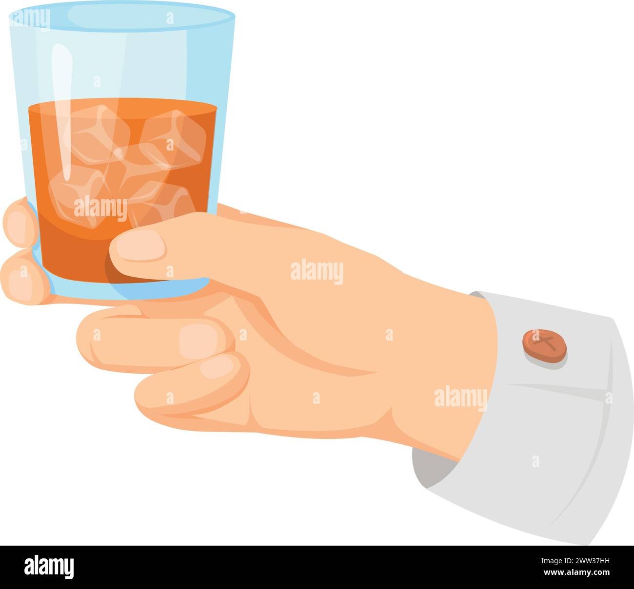 Whiskey glass drink with ice cubes in human hand isolated on white ...