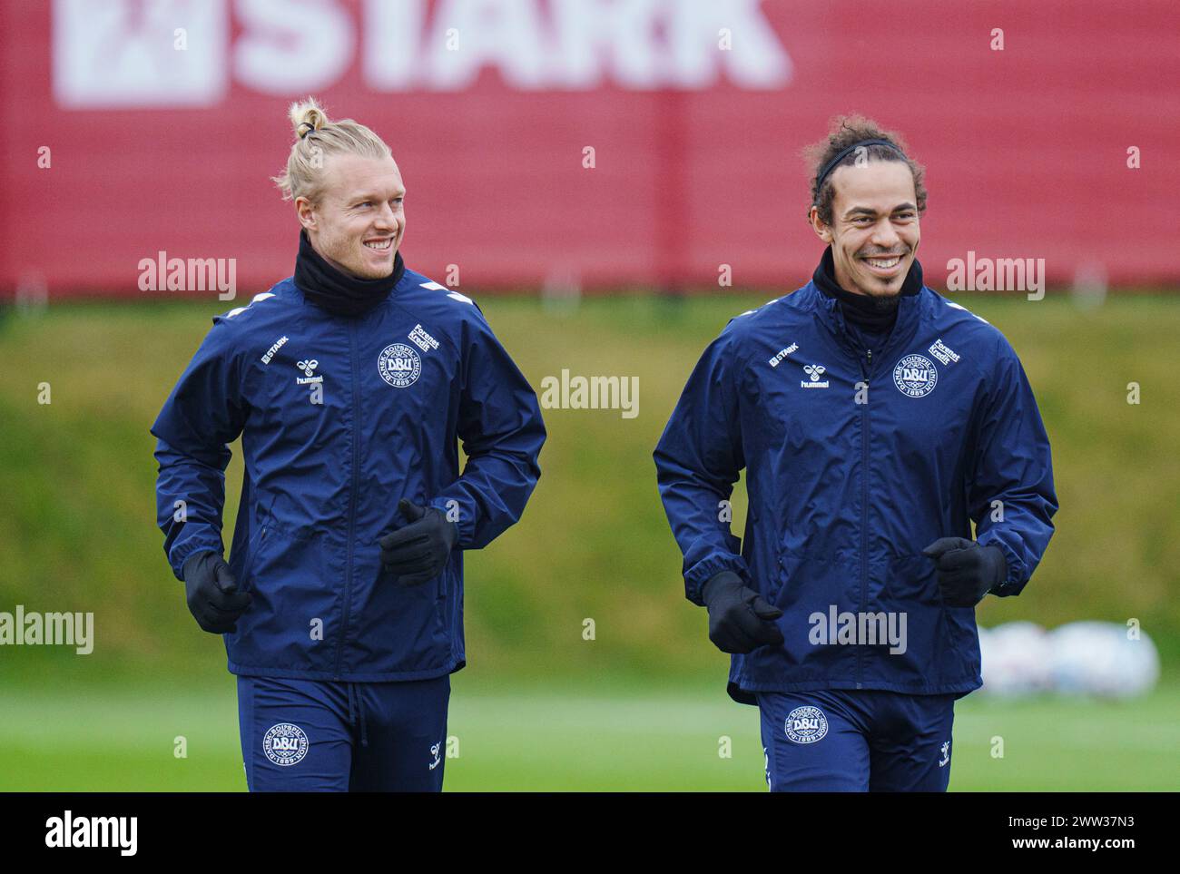 Helsingoer on Thursday, March 21, 2024. Simon Kjaer and Yussuf Poulsen ...