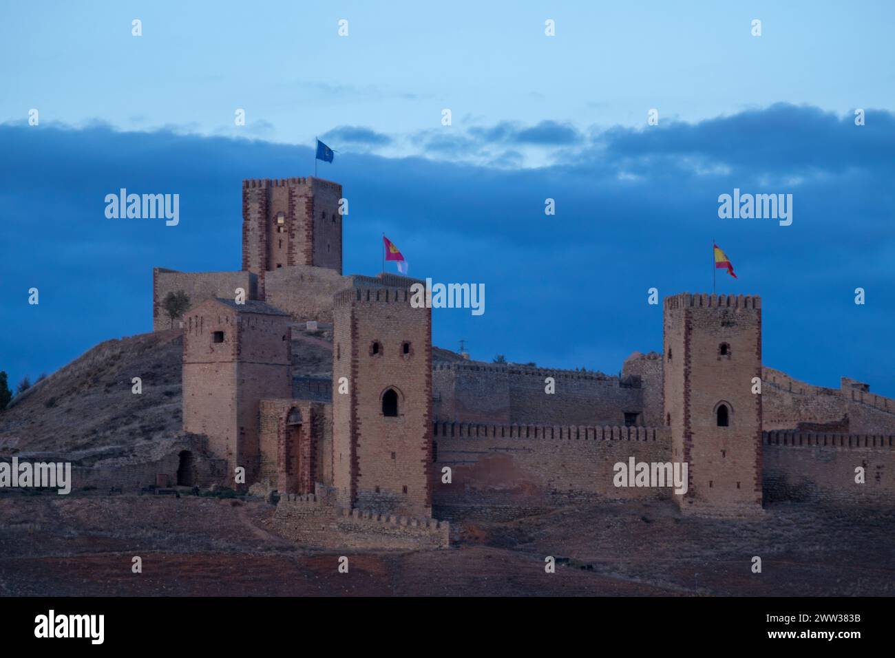medieval castle with towers, flying different flags, stands ...