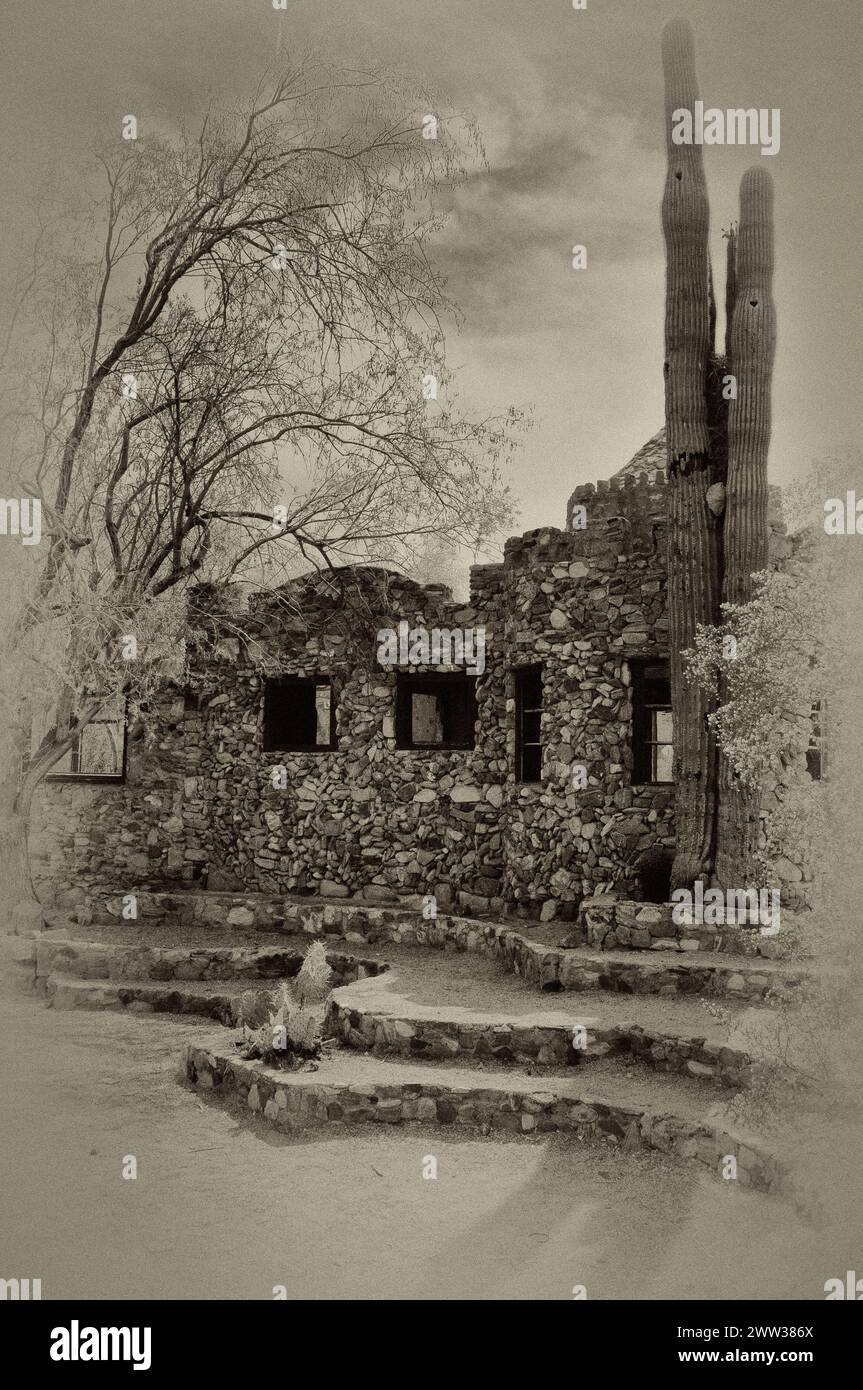 Sepia image evoking an era gone by with a barren landscape and decrepit ...