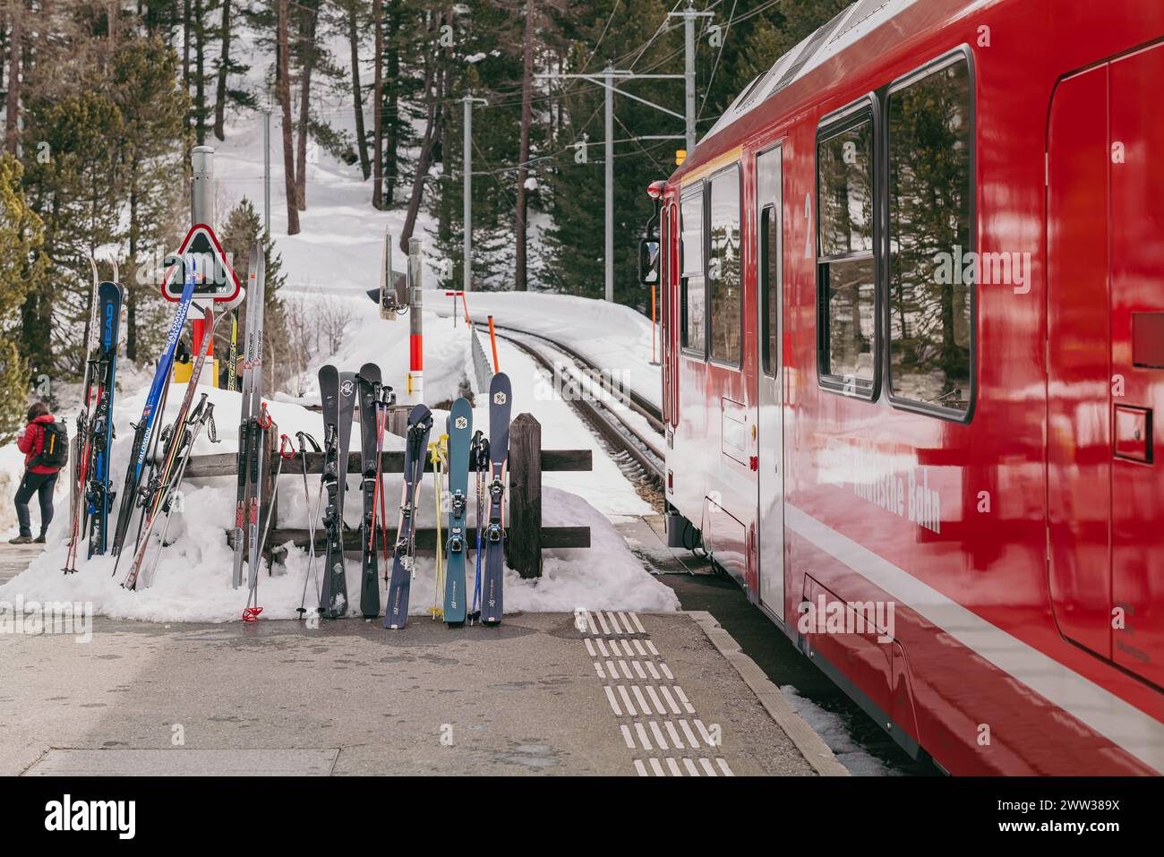 Morteratsch, Switzerland - March 2024: Famous Bernina red train ...