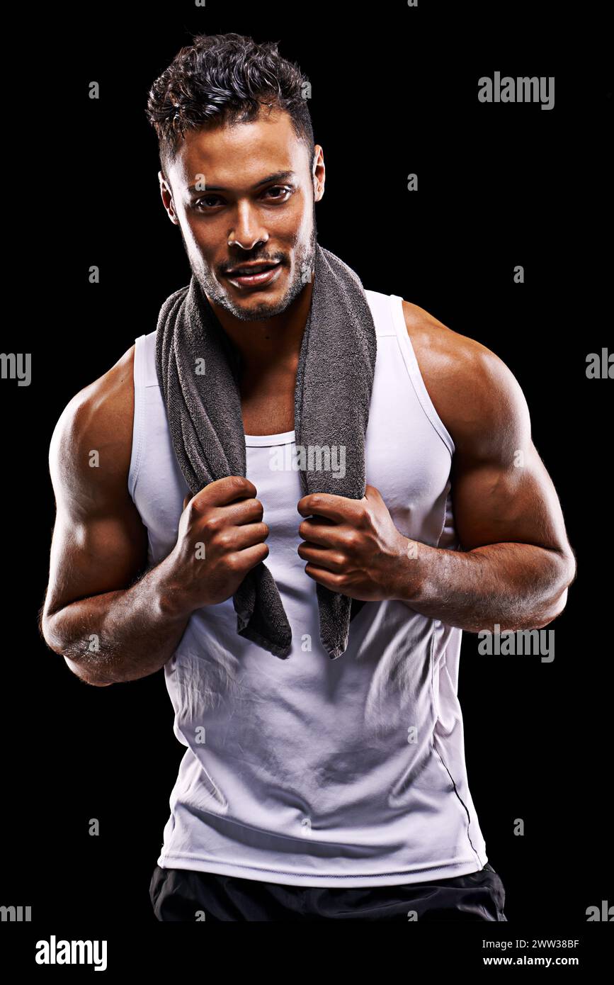 Fitness, portrait and strong man in studio with muscle, confidence and ...