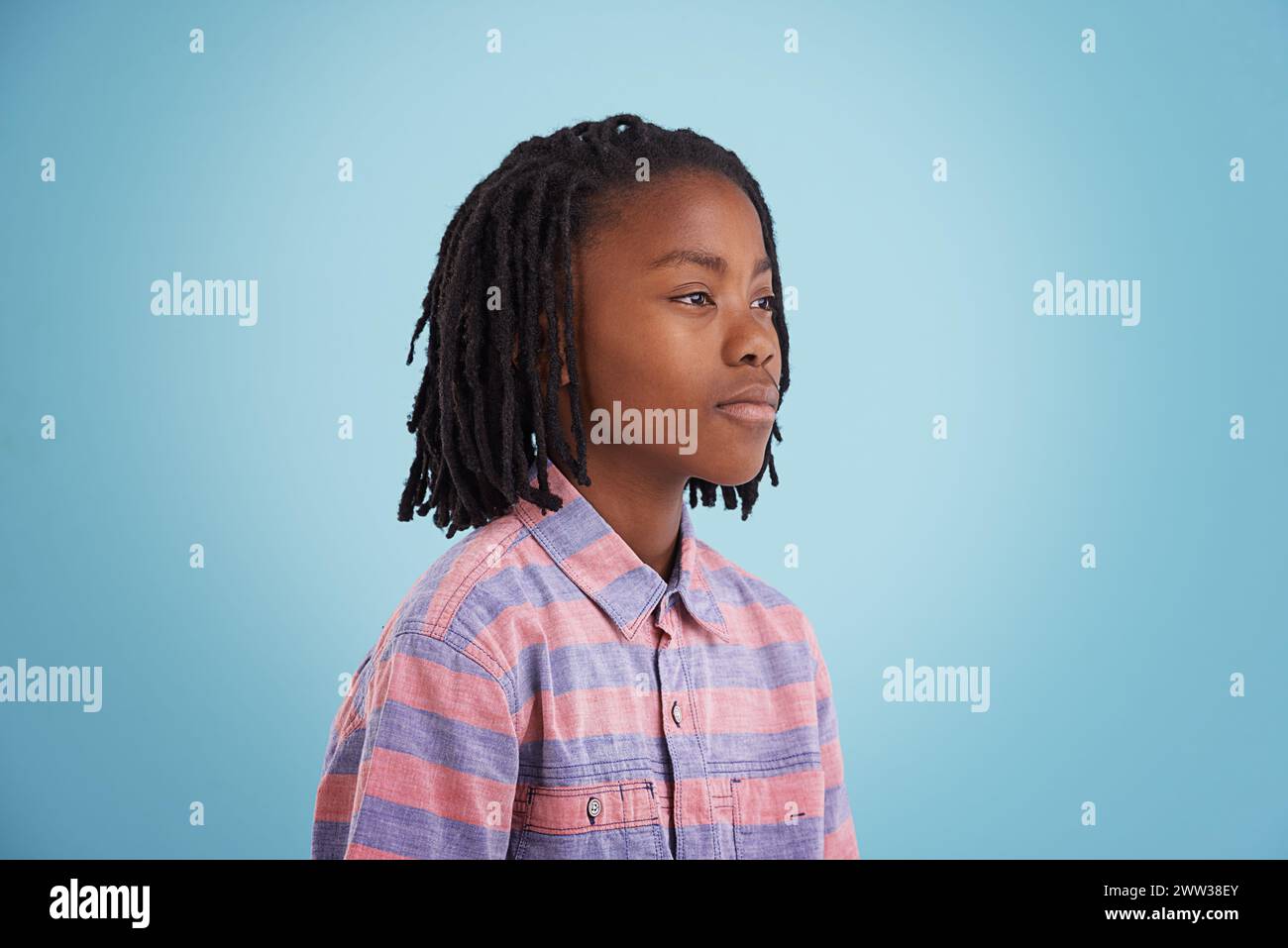 Children, thinking and black boy in studio why questions, memory or ...
