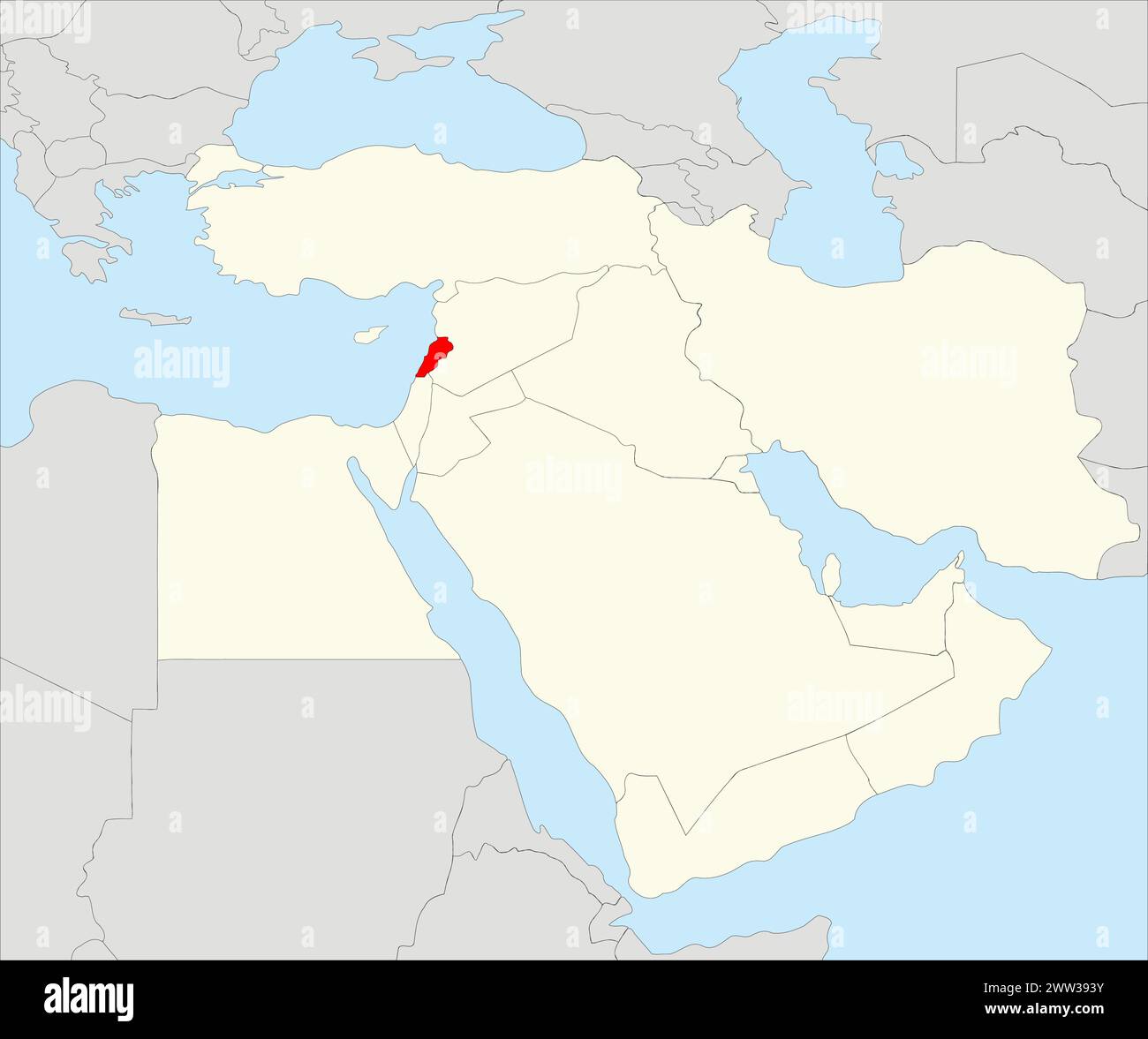 Red map of LEBANON inside highlighted beige map of the Middle East ...