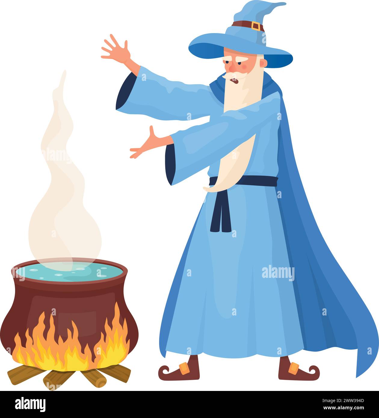 Medieval sorcerer make alchemy potion in cauldron. Magic character ...