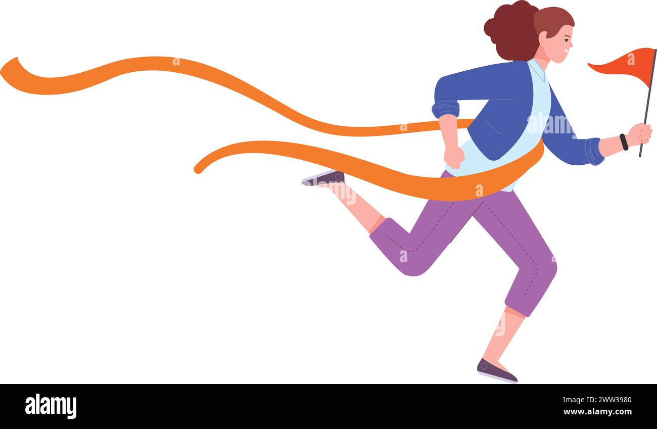 Work success. Woman winning race with red flag isolated on white ...