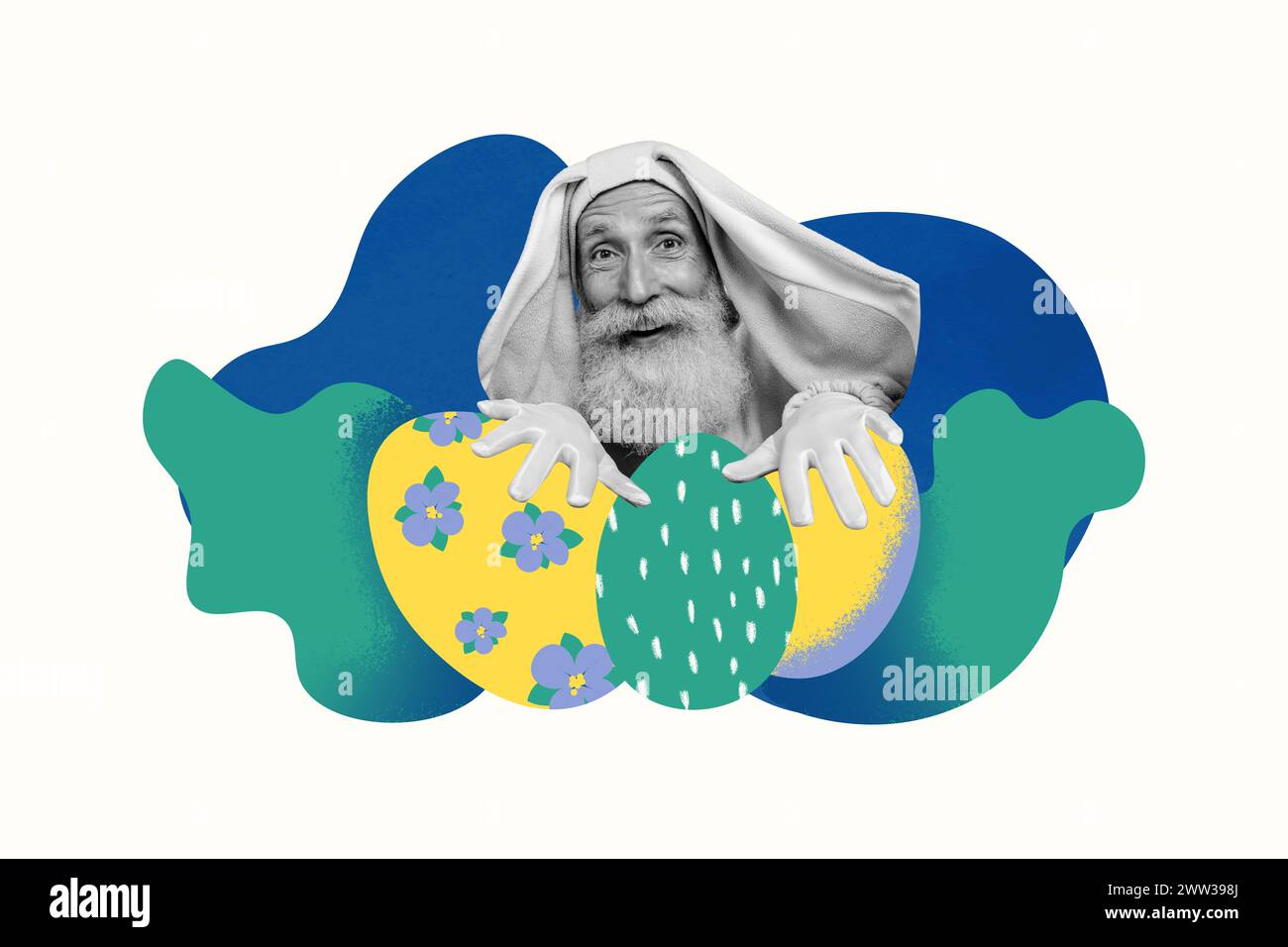 3d retro creative template collage of funny old man rabbit costume eggs ...