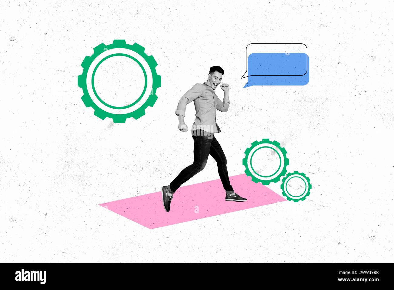 Composite photo collage of young happy businessman run meeting deal ...