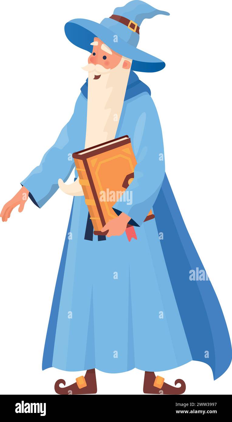 Magician with book. Fairytale character in blue hat isolated on white ...