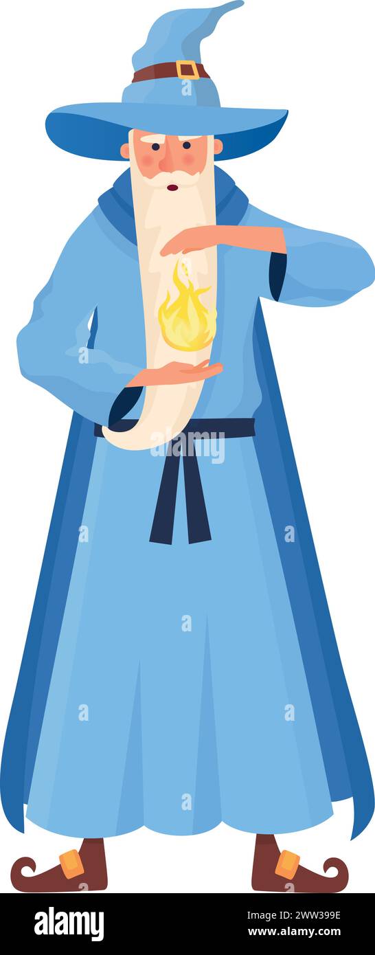 Magic wizard make fireball. Old magician character isolated on white ...