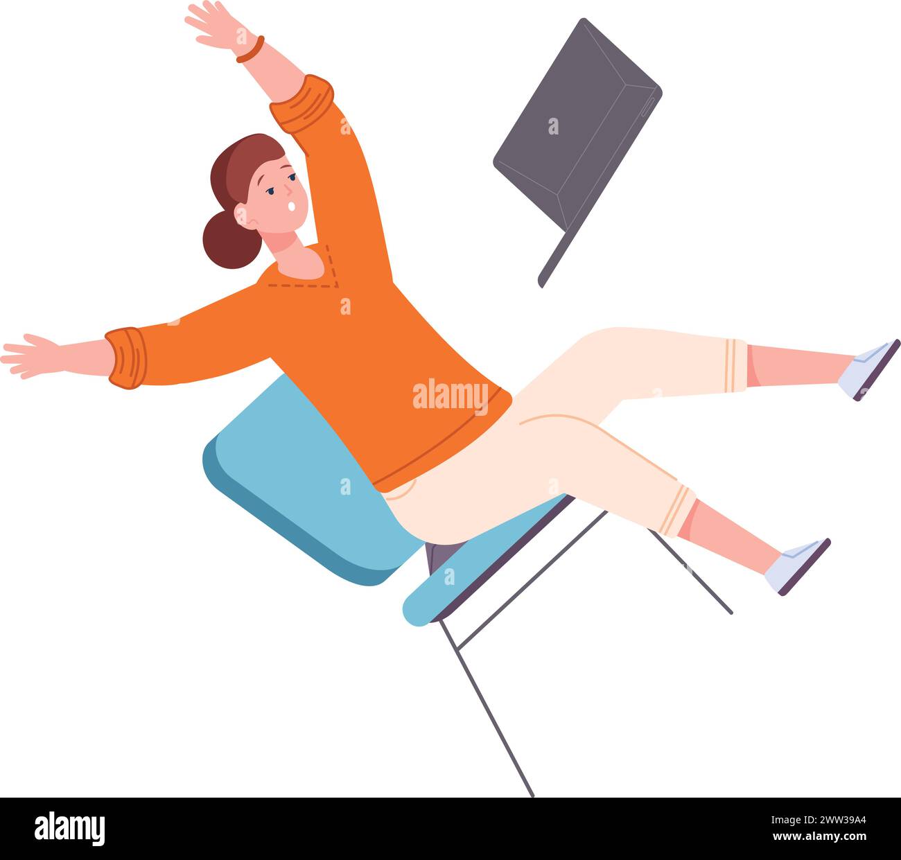 Woman falling with laptop. Work accident. Danger fall isolated on white ...