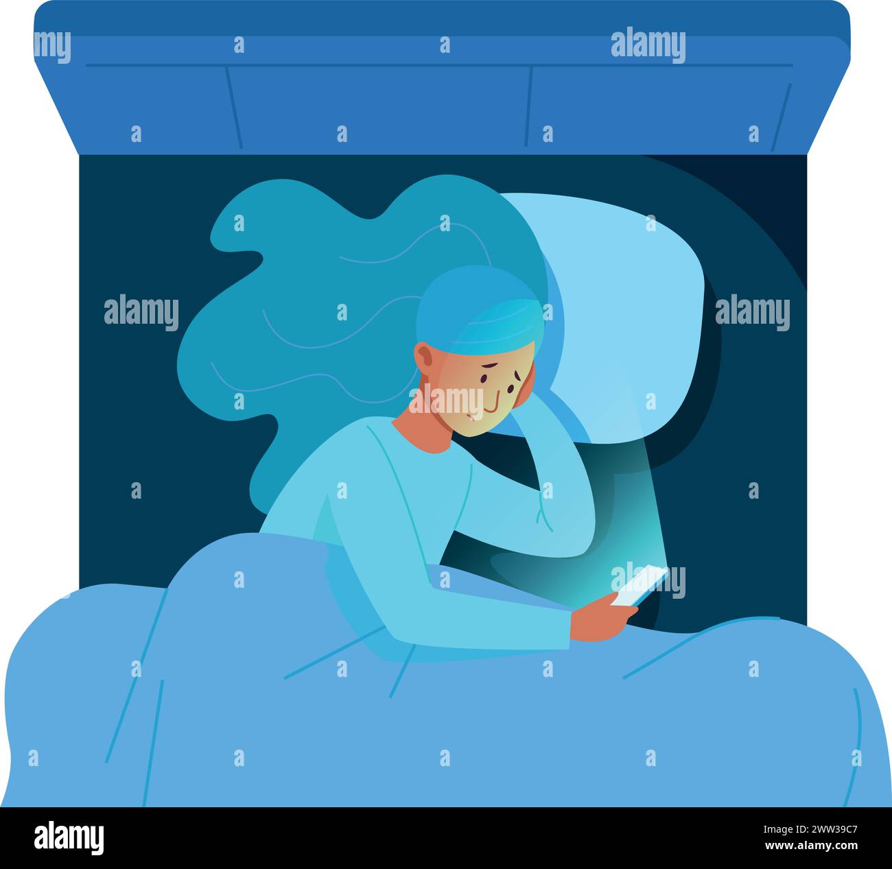 Woman look at smartphone at night. Bedtime social media watching ...