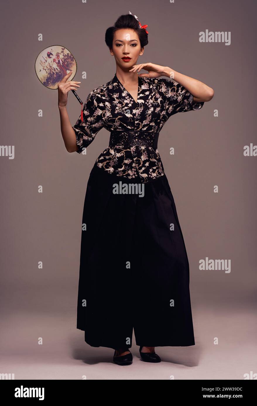 Fashion, fan and Japanese woman with geisha and Asian clothing with ...