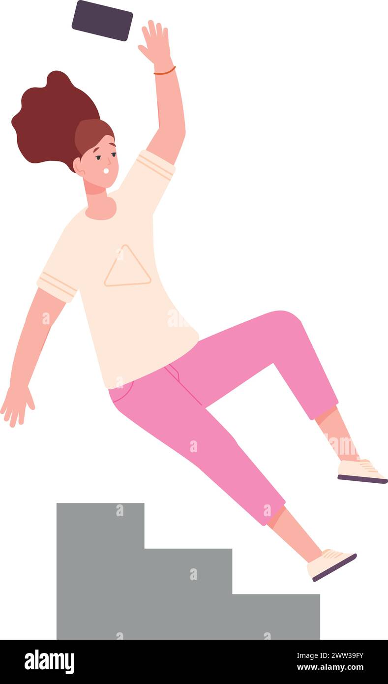 Woman slip on stairs. Falling person. Trauma danger isolated on white ...