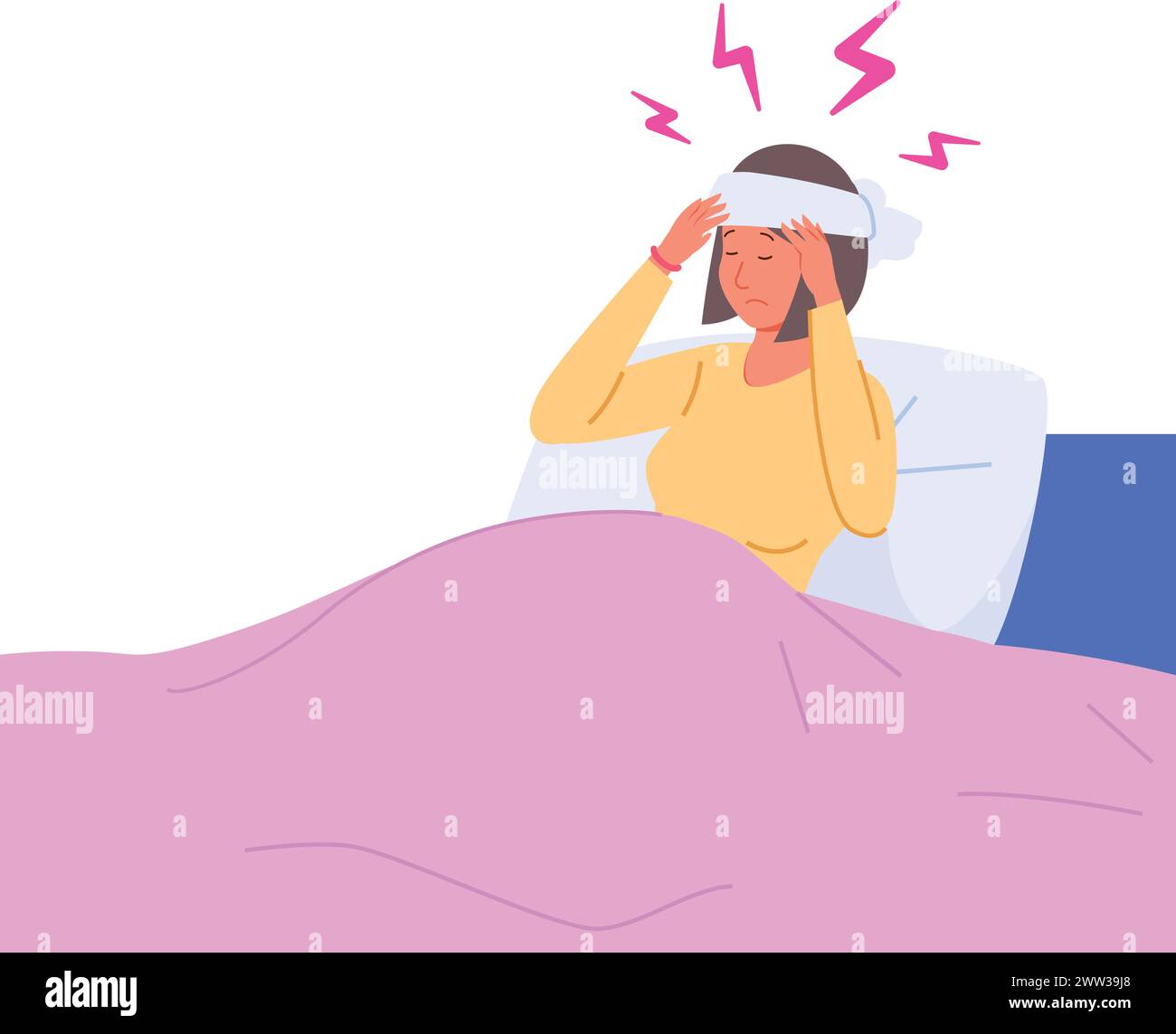 Migraine Concept Woman Laying In Bed With Headache Isolated On White Background Stock Vector
