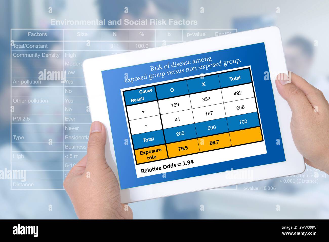 Someone hand holding digital tablet showing tables of epidemiology data ...