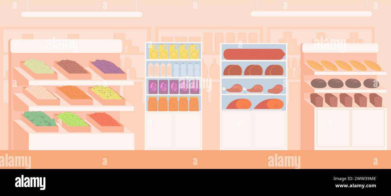 Supermarket shelves and displays with food. Grocery store interior ...