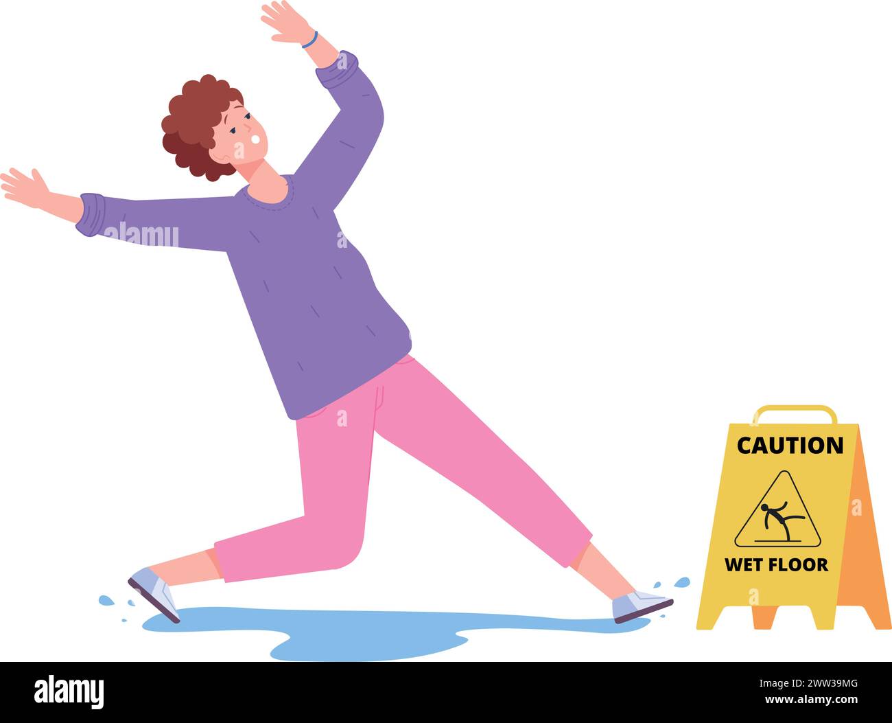 Wet floor accident. Woman slip. Falling hazard isolated on white ...