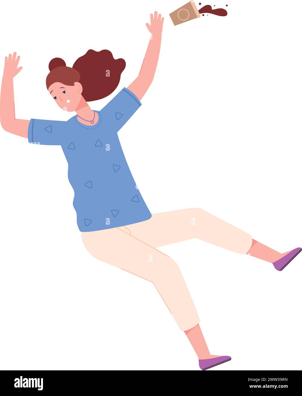 Woman slip on floor. Falling person drop coffee cup isolated on white ...