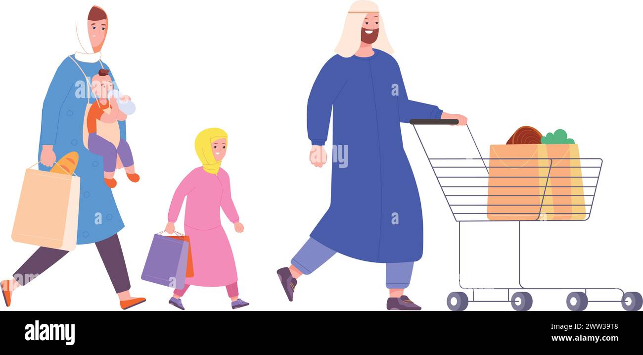 Islamic family with supermarket trolley. Muslim people in store ...