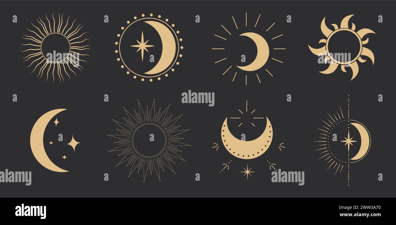 Set gold mystic moon celestial astrology magic element with rays, stars ...