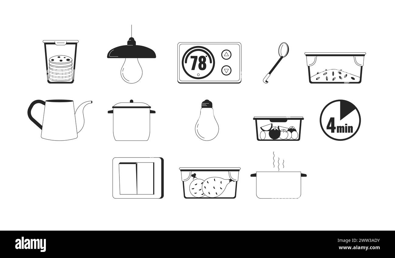 Conserving energy at household black and white 2D line cartoon objects ...