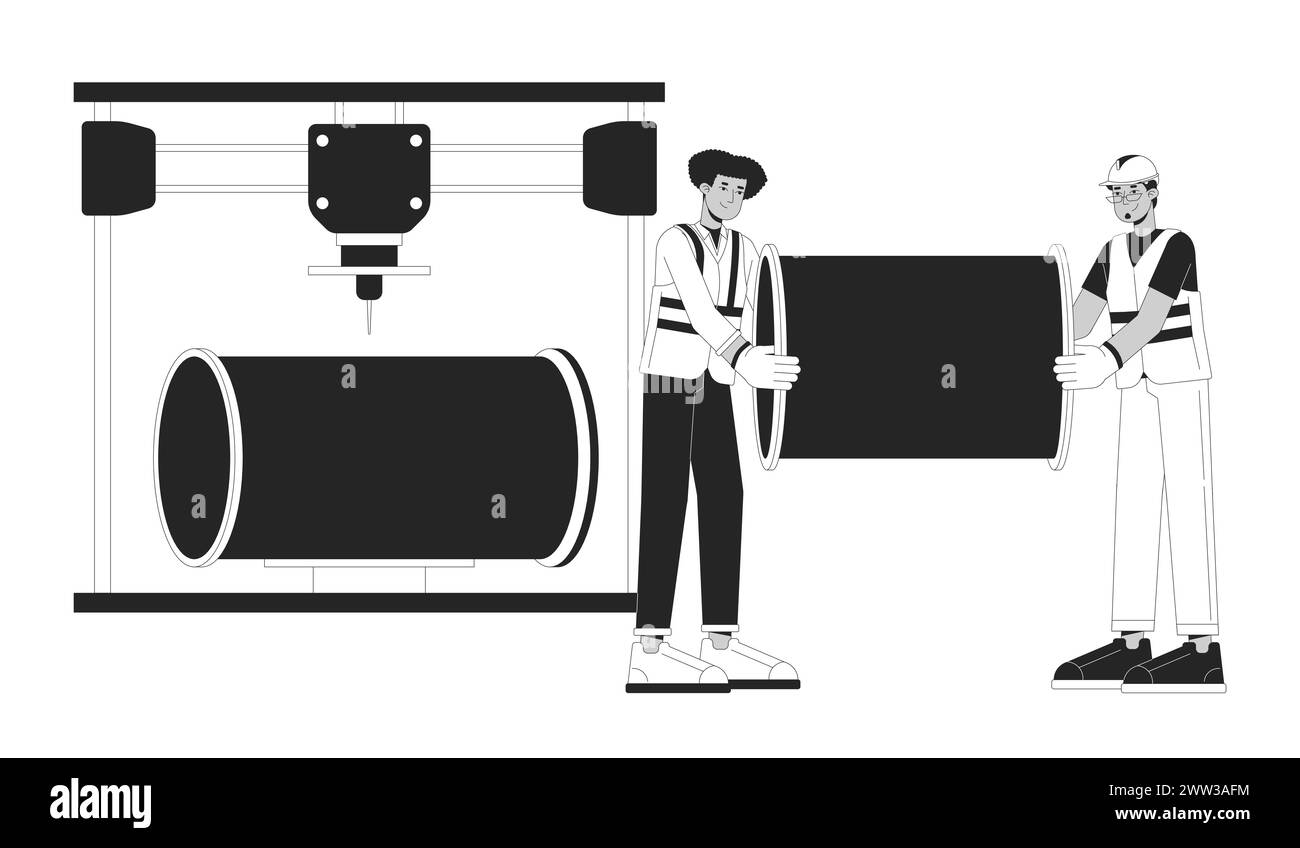 3D printing in metal pipe manufacturing black and white cartoon flat ...