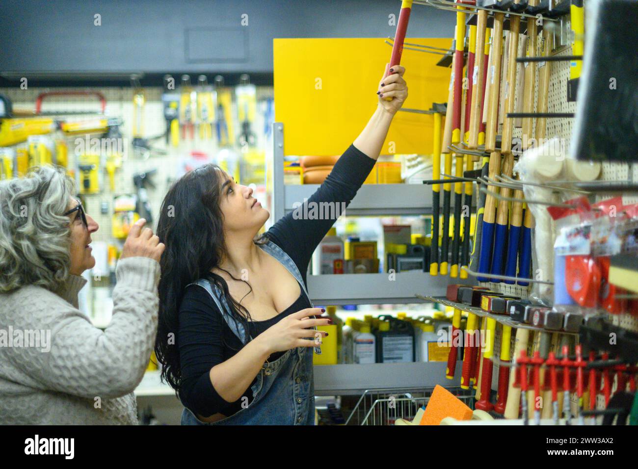 Two women selecting a tool from a fully stocked hardware store aisle Stock Photo - Alamy