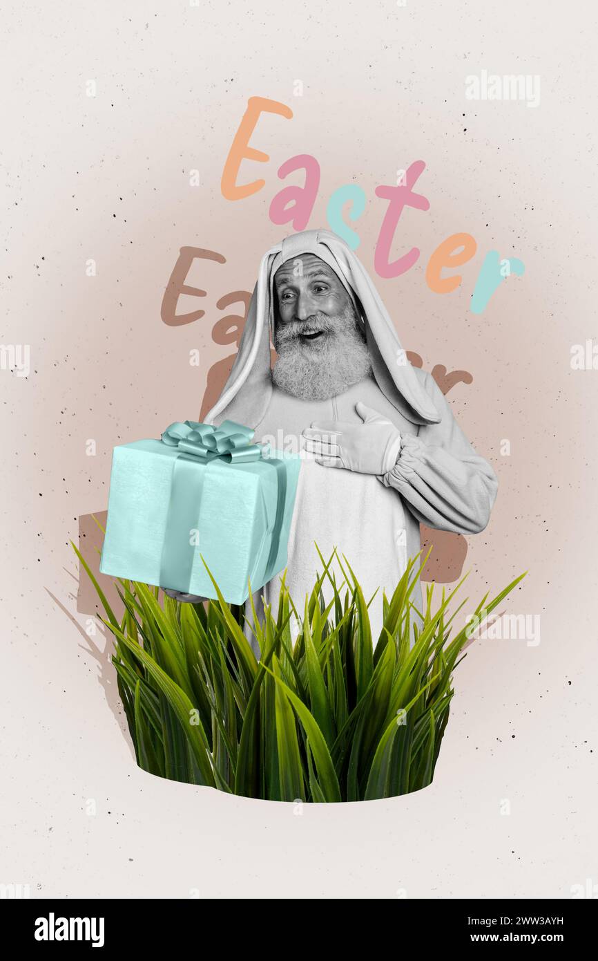 Composite collage of cute old man rabbit costume receive present ...
