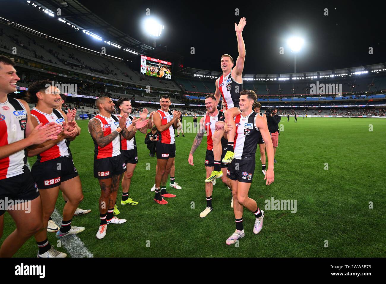 Melbourne, Australia. 21st Mar, 2024. Tim Membrey and Jack Steele of the Saints chair Sebastian ...