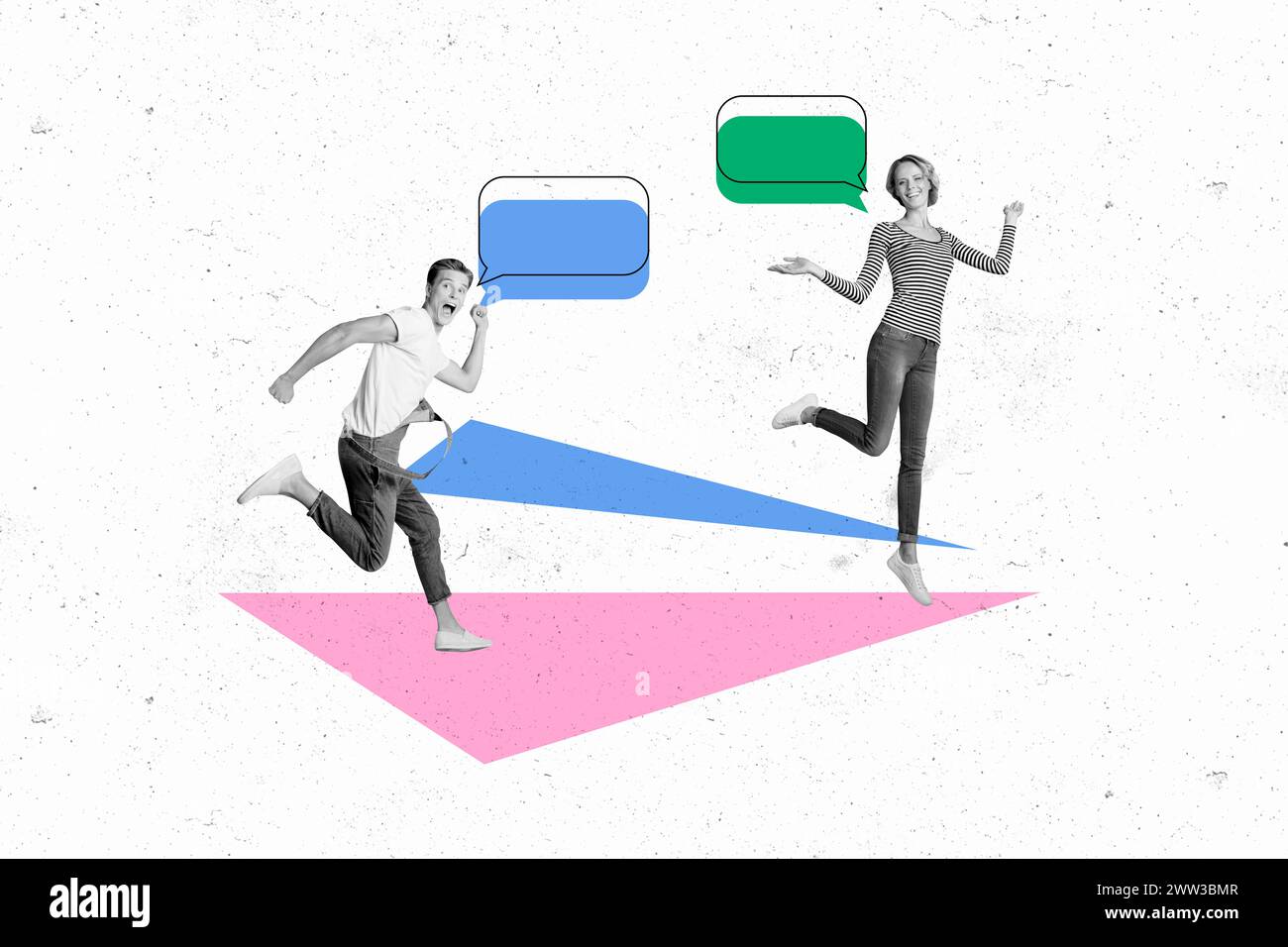 Composite photo collage of young scared guy run late date beautiful ...