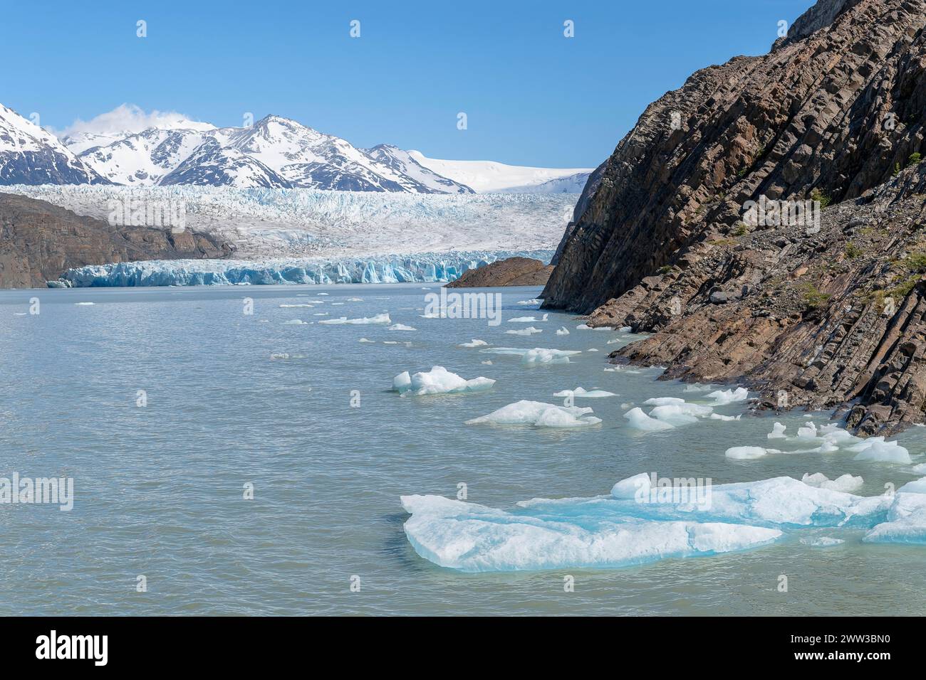 Glacial lake, Lago Grey, floating ice, Torres del Paine National Park ...