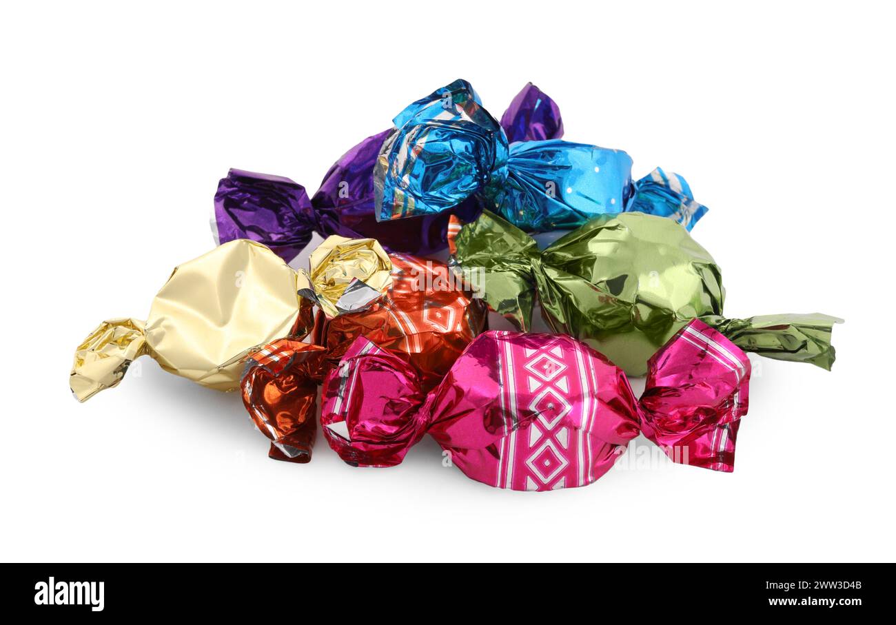Sweet candies in colorful wrappers on white background Stock Photo - Alamy
