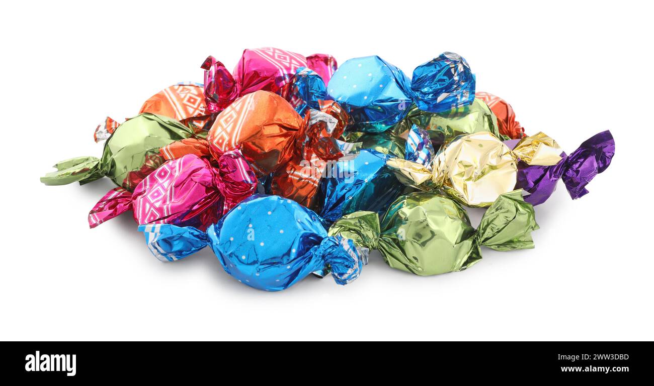 Pile of sweet candies in colorful wrappers on white background Stock ...