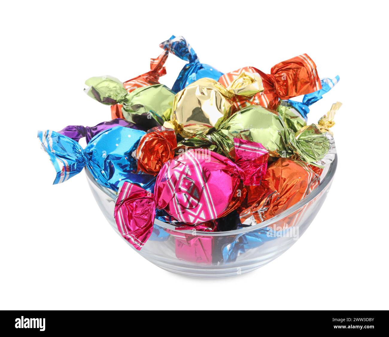 Bowl with sweet candies in colorful wrappers on white background Stock ...