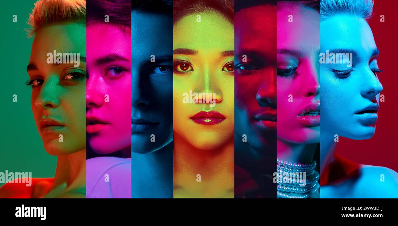 Collage made of narrow stripes portraits of young people, men and women ...