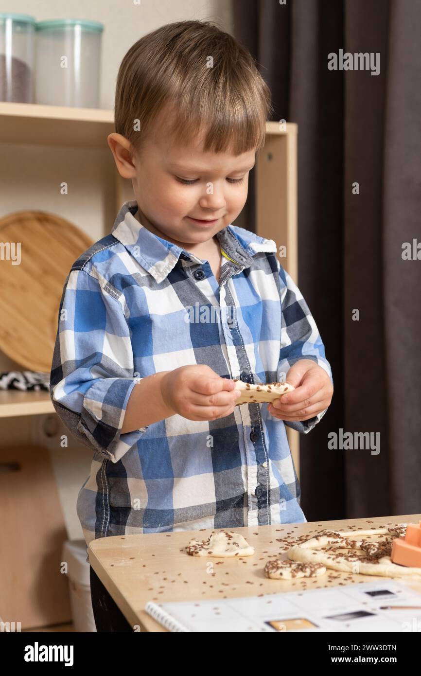 Little boy making cookies from gluten-free healthy dough with flax ...