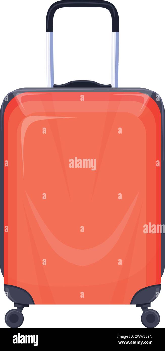 Wheeled travel bag. Red plastic cartoon suitcase isolated on white ...