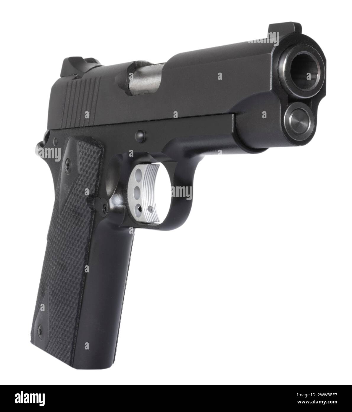 Isolated semi-auto handgun with its barrel angled toward the viewer ...