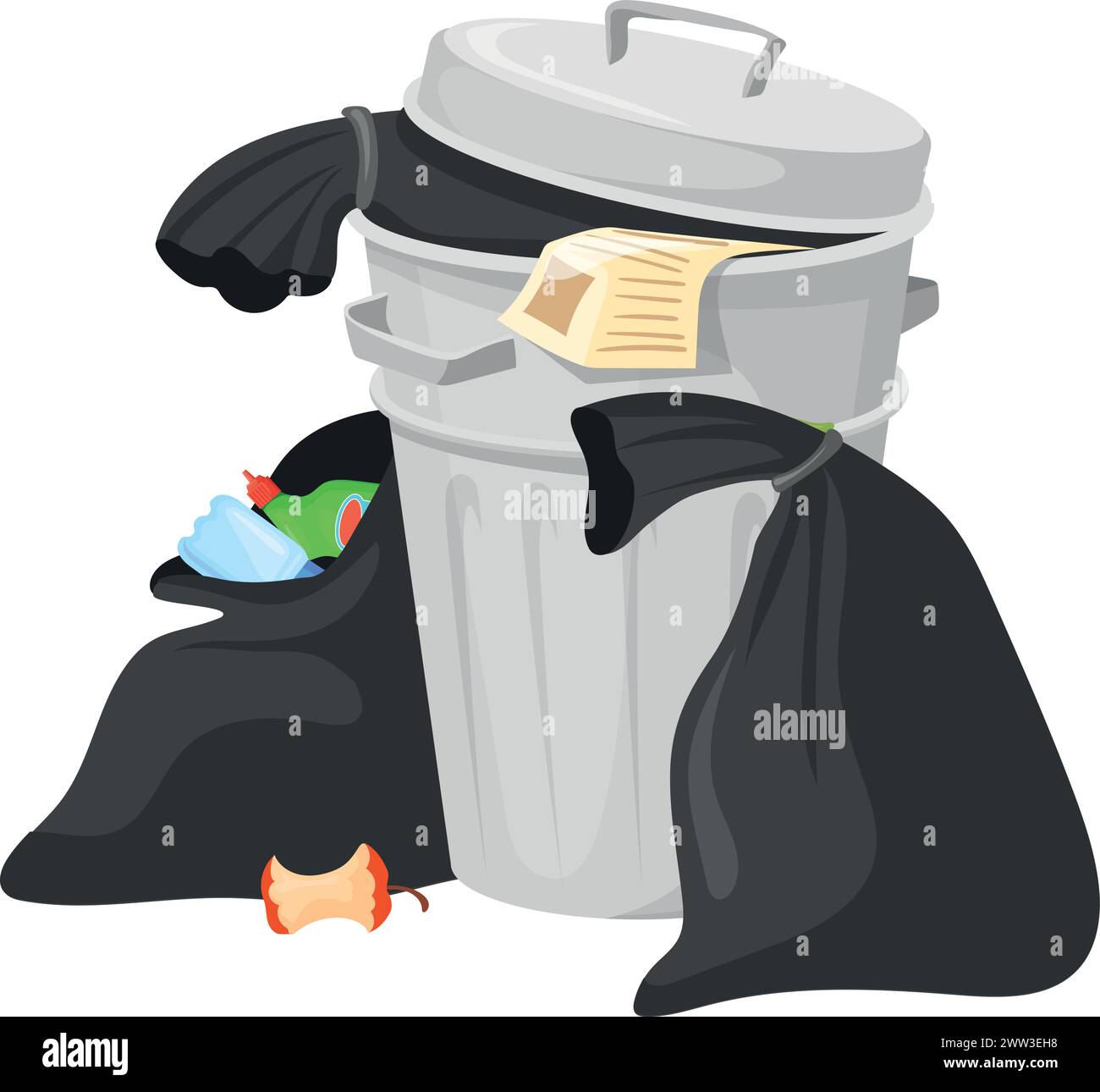 Trash can with garbage in black bags. Dumpster cartoon icon isolated on ...
